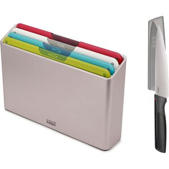 Joseph Joseph Set de Planches &agrave; d&eacute;couper de Joseph Joseph Folio Icon, 4 pi&egrave;ces, cod&eacute;es par couleur, antid&eacute;rapantes, avec &eacute;tui de Stockage et couteau de chef