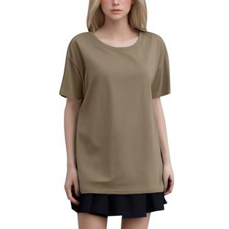 Generic T-shirt pour femme grande taille avec col rond et manches courtes, couleur unie, kaki, XXL