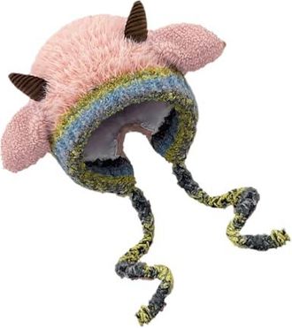 Generico Joli bonnet &agrave; capuche en bois de mouton, bonnet tricot&eacute; en forme doreille de mouton, bonnet tricot&eacute; avec capuche en corne, bonnet dhiver avec figurine