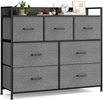 Songmics Kommode, Schrank, 7 Stoffschubladen mit Griffen, Metallgestell, Industrie-Design, schiefergrau-anthrazitgrau LTS523G22