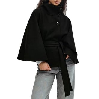 Generic Ponchos &agrave; manches chauve-souris pour femmes, manteau surdimensionn&eacute;, col montant, ceinture, cape, veste, manteau, manteau en laine, v&ecirc;tements dext&eacute;rie