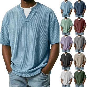 Generic T-shirt deux pi&egrave;ces en velours c&ocirc;tel&eacute; pour homme - Col en V contrast&eacute; - Manches courtes - Coupe ample - Style d&eacute;contract&eacute; - Multicolore - Haut de lois