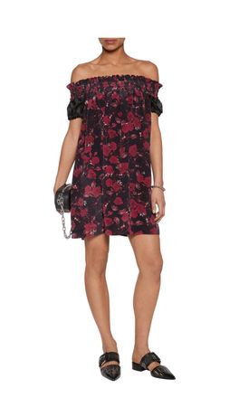 Mother Of Pearl Silk-Satin Off-the-Shoulder Rose-Print Dress Size M