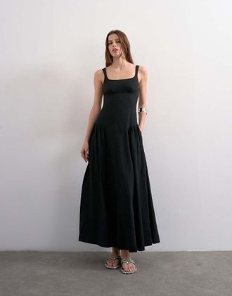 Topshop Robe longue en lin &agrave; taille basse - Noir