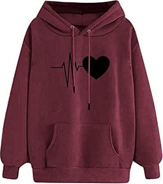 Heekpek Sweat à Capuche à Manches Longues pour Femmes Pull Femme Pullover Casual Lâche Sweatshirt Automne Hiver,Rouge XL