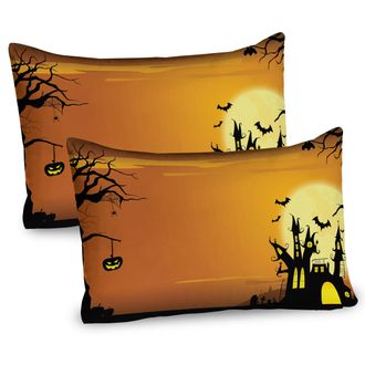 Abakuhaus Halloween Kissenbezug Packung mit 2, Gothic Spukhaus Flederm&auml;use Western Spooky Night Scene mit K&uuml;rbis Zeichnung Kunst, Dekorativer Gedruckter Kissenb