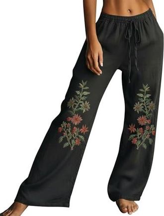 Generic Pantalon boh&egrave;me large pour femme avec broderie florale - Taille &eacute;lastique avec cordon de serrage - Coupe ample - Pour l&eacute;t&eacute; et les vacances, Noir, XXL