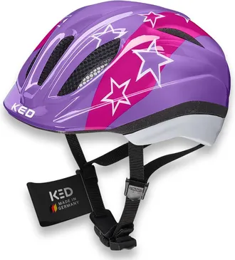 KED Cycling Meggy Trend Kinder Fahrradhelm, Made in Germany, mit LED-R&uuml;cklicht, nur 220g, QUICKSAFE Verstellsystem und Insektenschutz, Lilac Stars, 44-49 (XS)