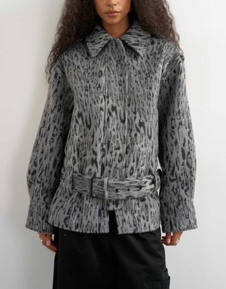 Topshop Jacke aus Wollmix mit Animal-Print und G&uuml;rtel-Grau