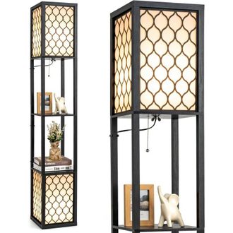 Costway Stehleuchte Regal 156cm, Standleuchte Holz, E27 Stehlampe, Moderne Innenbeleuchtung mit 3-Ebenen, Bodenlampe f&uuml;r Schlafzimmer - Costway