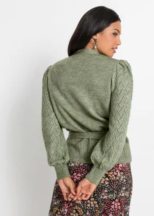 Bonprix Wickelpullover mit tiefem V-Ausschnitt und Bindeband zum Wickeln, mit Puff&auml;rmeln