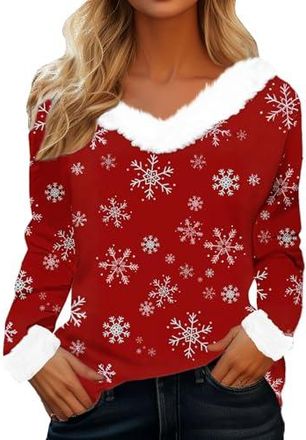 Generic Pull de No&euml;l avec bordure en fausse fourrure pour femme, imprim&eacute; flocon de neige, col en V, manches longues, pull confortable pour les vacances, pull 