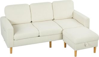 HOMCOM Homcom - Canap&eacute; 3 places velours c&ocirc;tel&eacute; style nordique avec repose-pieds coffre coussins d&eacute;houssables beige clair