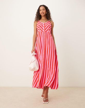 Vero Moda Robe longue boutonn&eacute;e &agrave; rayures et fines bretelles - Rouge et rose-Multicolore