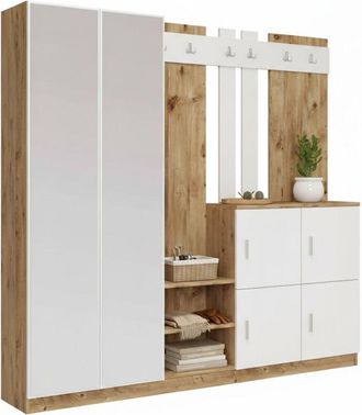 Dmora Eingangsm&ouml;bel Dnikolao, Moderner Eingang, Wandgarderobe, Multifunktions-Aufbewahrungskonsole, 187x38h180 cm, Eiche und Anthrazit - Dmora