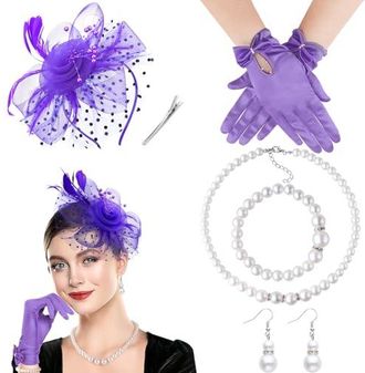Dreshow Fascinator Chapeau pour Femme Cocktail Tea Party Chapeaude Pilulier en Voile Maillé et Plumes Chapeau de Derby et Gants Ensemble de Bijoux en Perles p