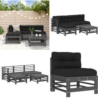 vidaXL 5-tlg. Garten-Lounge-Set mit Kissen Grau Massivholz - Gartenmöbel - Loungemöbel - Rattan Möbel - Holz Gartenmöbel - Esszimmergarnituren - Home &