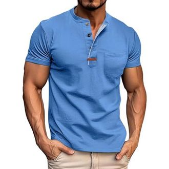 Generic T-shirt d&eacute;contract&eacute; pour homme, ample, tendance, couleur unie, col rond, poche, haut &agrave; manches courtes, polyester &eacute;lasthanne, bleu ciel, 3XL