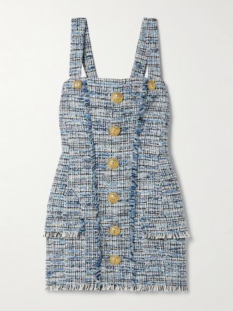 Balmain Minikleid Aus Tweed Aus Einer Baumwollmischung Mit Fransen Und Zierkn&ouml;pfen - Blau