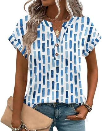 Generic T-shirt d&eacute;contract&eacute; &agrave; col en V pour femme, motif botanique &eacute;l&eacute;gant, col en V, imprim&eacute; p&eacute;tale, manches courtes, t-shirt d&eacute;t&eacute; classique ample, bleu ciel