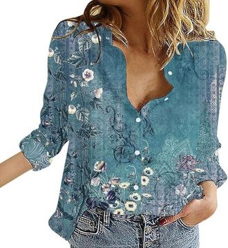 Generic Chemise &agrave; manches longues en lin pour femme - Imprim&eacute; floral - Coupe ample - Confortable - L&eacute;ger et &eacute;l&eacute;gant - Chemisier de travail - Tunique d&eacute;contrac