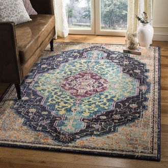 Safavieh Boho Teppich für Wohnzimmer, Esszimmer, Schlafzimmer - Monaco Collection, Kurzer Flor, Schwarz und blau, 155 X 231 cm