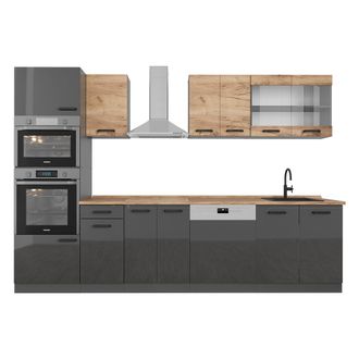 Vicco K&uuml;chenzeile R-Line, Goldkraft Eiche/Anthrazit, 300 cm zweifarbige Schr&auml;nke, AP Eiche