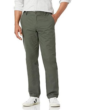 Amazon Essentials Pantalon Chino sans Pince Infroissable Coupe Droite Homme, Olive Foncé, 42W / 32L