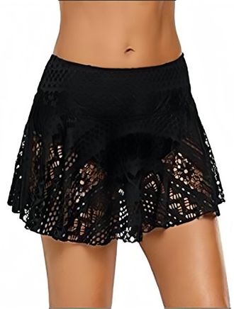 Ocean Plus Damen Elegant H&auml;kel Baderock mit Innenslip Bikinirock &Uuml;bergr&ouml;&szlig;e Spitze Schwimmrock Strandrock Beachshorts (XXL (EU 42-44), A-Schwarz)