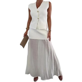 Generic Jupe longue plissée en tulle épissé en tricot à taille élastique, col en V tricoté épissé, jupe longue plissée, tenues dété 2 pièces, blanc, XXL