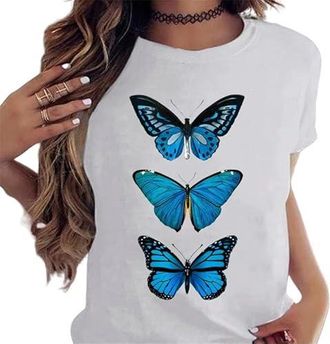 Keephen Papillon avec Fleurs T-Shirt Femmes Esth&eacute;tique Papillon Impression 3D T-Shirt Manches Courtes Col Rond Streetwear Dames &Eacute;t&eacute; Mignon Tops