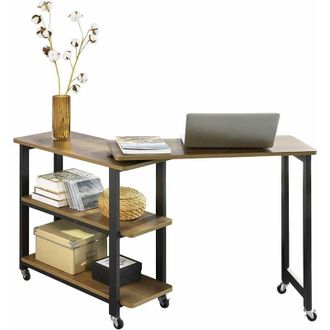 SoBuy FWT83-PF L-f&ouml;rmiger Beistelltisch mit 2 Ablagen Sofatisch mit Rollen Couchtisch Eckschreibtisch Computertisch Arbeitstisch Industrie-Design bht ca