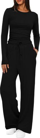 OLIPHEE 2 Teiler Set Damen Sommer Outfit Elegant Lounge Set Damen Langarm Oberteil Slim Fit und Hose Yoga Trainingsanzug Gym Hosenanzug Herbst Tracksuit Fraue