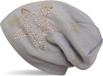 styleBREAKER warme Feinstrick Beanie Mütze mit All Over Stern Muster, Strass Stern und sehr weichem Fleece Innenfutter, Unisex 04024084, Farbe:Hellgrau