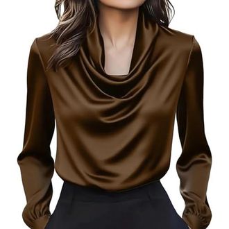 Generic Chemisier en satin &agrave; col b&eacute;nitier &eacute;l&eacute;gant &agrave; manches longues pour femme, caf&eacute;, XXL