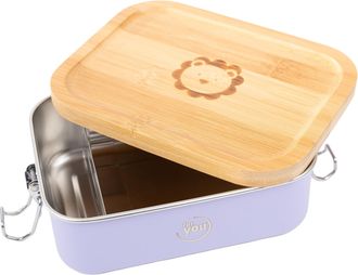 For You Brotdose für Kinder - Edelstahl 850 ml - mit Bambusdeckel und eingraviertem Löwen oder Tiger. Mit herausnehmbarer und verschiebbarer Trennwand (Lila L