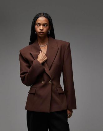 Asos Blazer cintr&eacute; &agrave; double boutonnage - Chocolat-Brown
