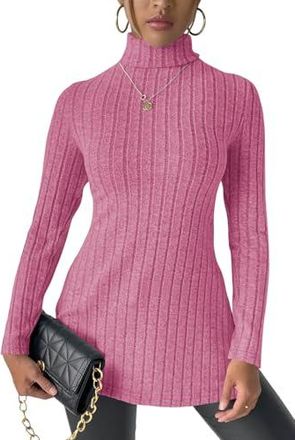 TOMWELL Pull à Col Roulé pour Femme Manches Longues Casual Tricot à Col Montant Pull Femme Slim Fit Couleur Solide Pull en Maille Chic Top Haut A Rose Rouge M
