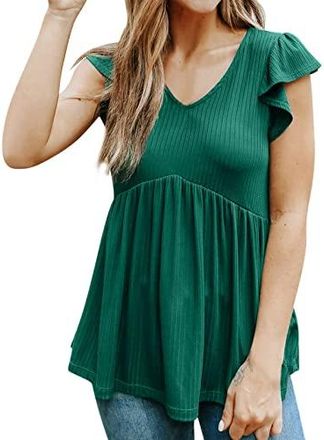 Janly T-shirts femmes des ann&eacute;es 80 Haut d&eacute;t&eacute; pour femme avec col en V Manches &agrave; volants pour une &eacute;l&eacute;gance d&eacute;contract&eacute;e T-shirt design swing T-shirt grandes