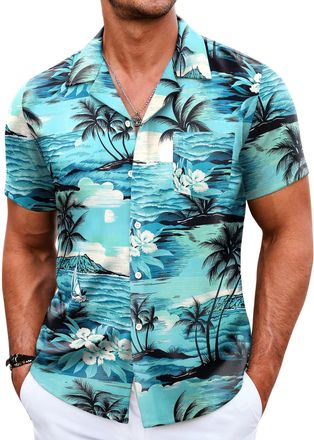 Coofandy Hawaiihemd Herren Kurzarm Sommerhemd Bügelfrei Blumen Shirt Urlaub Party Strandhemd Kurzarmhemd Hellblau Kokospalme XXL