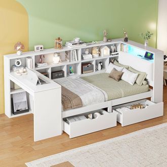 Merax Holzbett Kinderbett 90x200cm, Plattformbett mit Schreibtisch & B&uuml;cherregal & Stauschrank, Gepolstertem Kopfteil mit USB und LED, L-Struktur Jugendbett
