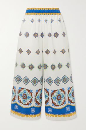 La DoubleJ Pantalon Large Raccourci En Popeline De Coton Imprim&eacute;e - Blanc