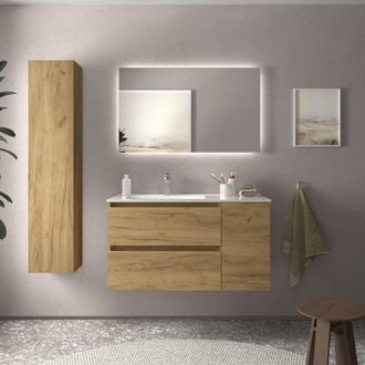 Cygnus Bath Meuble de salle de bain BEQUIA Plus 90cm Ch&ecirc;ne Vasque Porcelaine Robinet &agrave; gauche