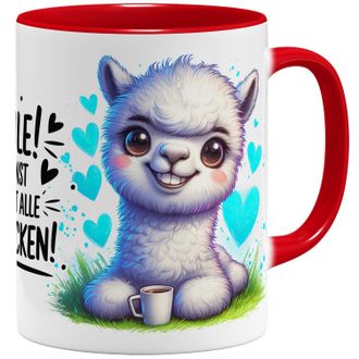 OM3 Lustige Alpaka Kaffee-Tasse mit Spruch - L&auml;chle! Du kannst sie nicht alle anspucken! - Statement - Keramik Becher - 325ml - Rundumdruck - Rot