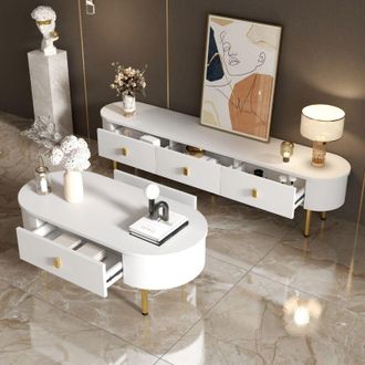 STILVORA Ensemble Meuble TV et Table Basse avec 4 Tiroirs, Bords Arrondis, pour Salon Moderne, MDF, Blanc