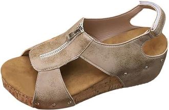 Generic Sandales à plateforme pour femme des années 70 - Sandales compensées avec fermetures éclair - Sandales de plage bohème - Bout ouvert - Chaussures dété