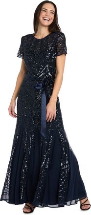 R&M Richards Damen Abendkleid mit Satin-Taillenband Kleid, Marineblau, 46