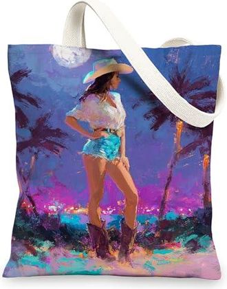 Generic Sacs en toile tropicales, sacs de courses réutilisables colorés avec scène de plage, artistiques, vibrants, légers, lavables, Avec couleur, 13x15 Inch
