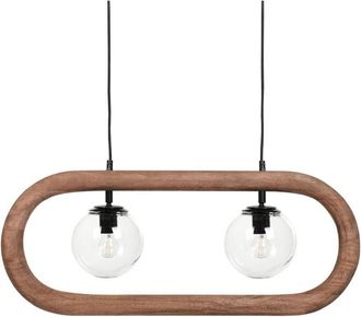 Beliani Hängeleuchte Hellbraun Mango-Holz 2-Flammig mit Schirm Geometrisch Glas Rillen-Optik Langes Kabel Rustikal Esstisch Wohnzimmer Flur Wohnküche