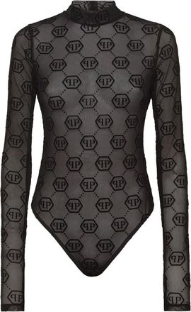 Philipp Plein Femme, Tops, Noir, Taille: 44 FR Tulle Body Manches Longues Monogramme